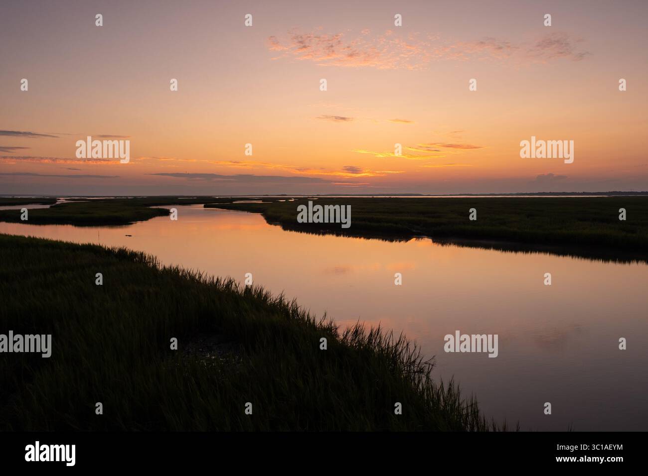 The orange glow of dawn reflects on the salt marsh at Hamlin Creek in the Cape Romain estuary at ...