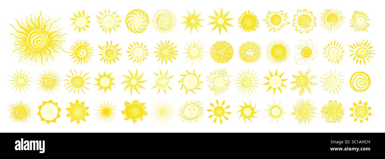 Large set of yellow suns. The sun objects are beautiful hand drawn. Not ...