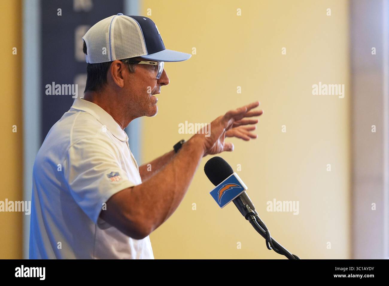 Los Angeles Chargers head coach Jim Harbaugh speaks at a news ...