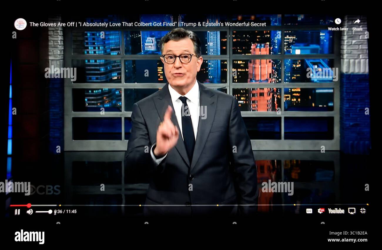 A TV screen shot of "Late Night" host Stephen Colbert delivering his ...