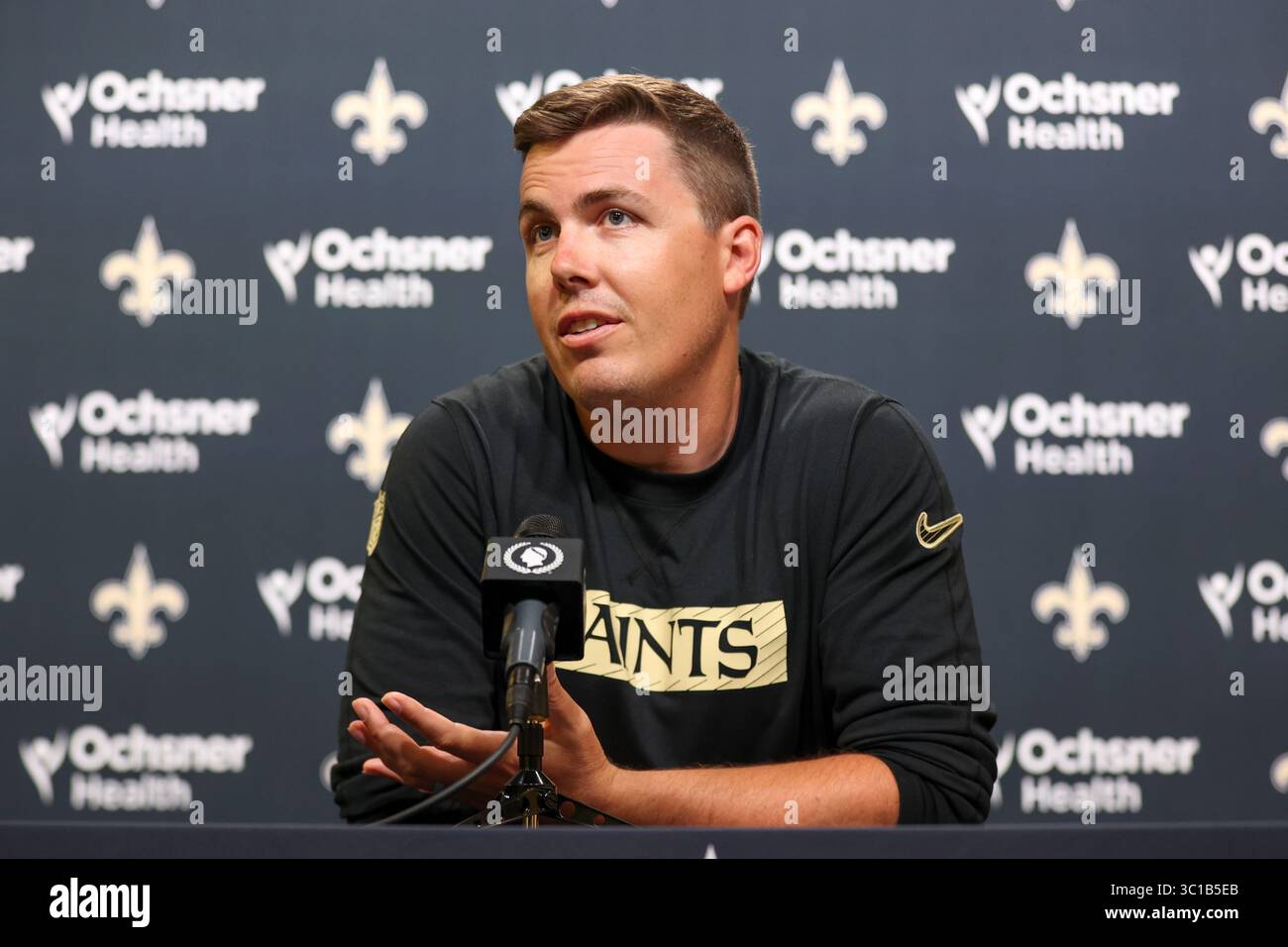New Orleans Saints head coach Kellen Moore speak during a press ...