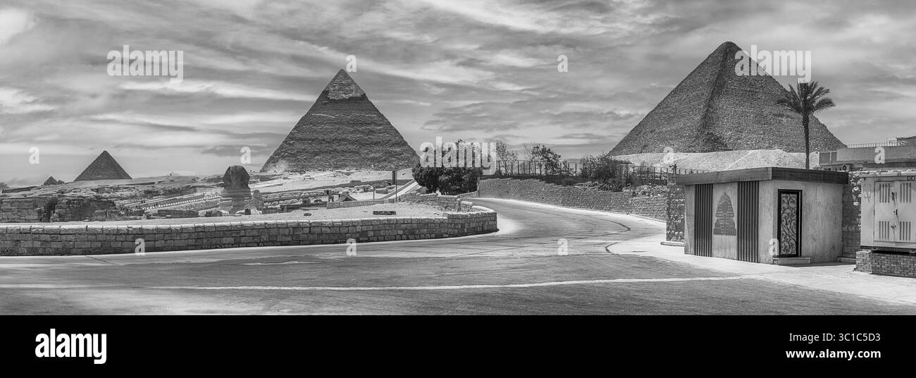 Scenic view over the Great Sphynx and the three main Pyramids of the ...