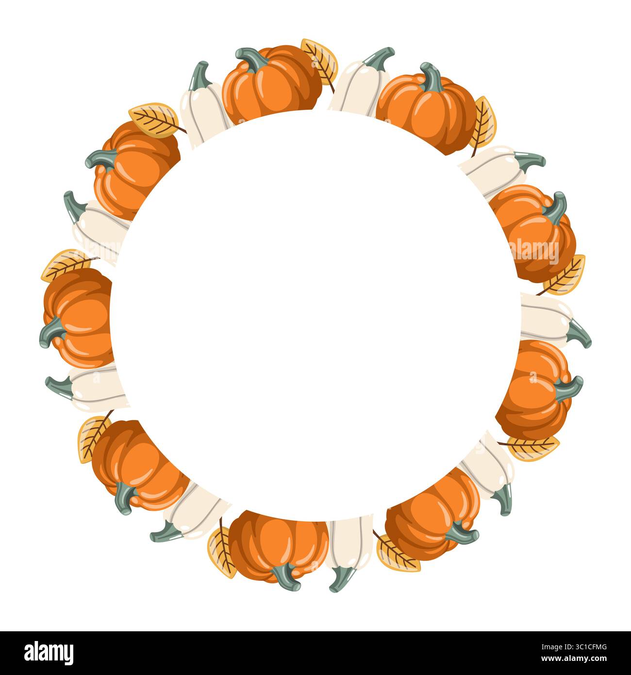 Pumpkin circle frame in cozy fall style with autumn leaves. Vector ...