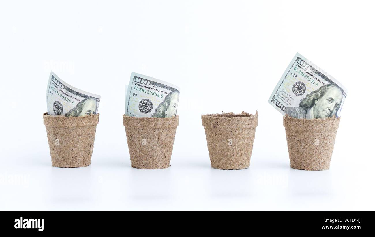 An illustration of financial growth, with dollar bills as seedlings in ...