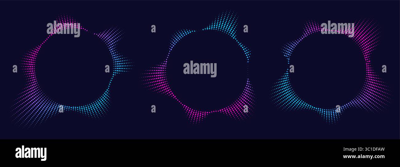 Sound equalizer icons with lines and dots, gradient neon circular sound ...