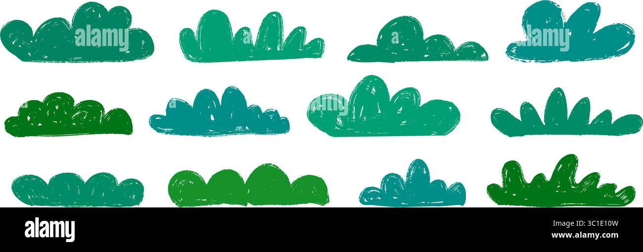 Hand drawn crayon bushes and collection. Green grass and shrubbery set ...