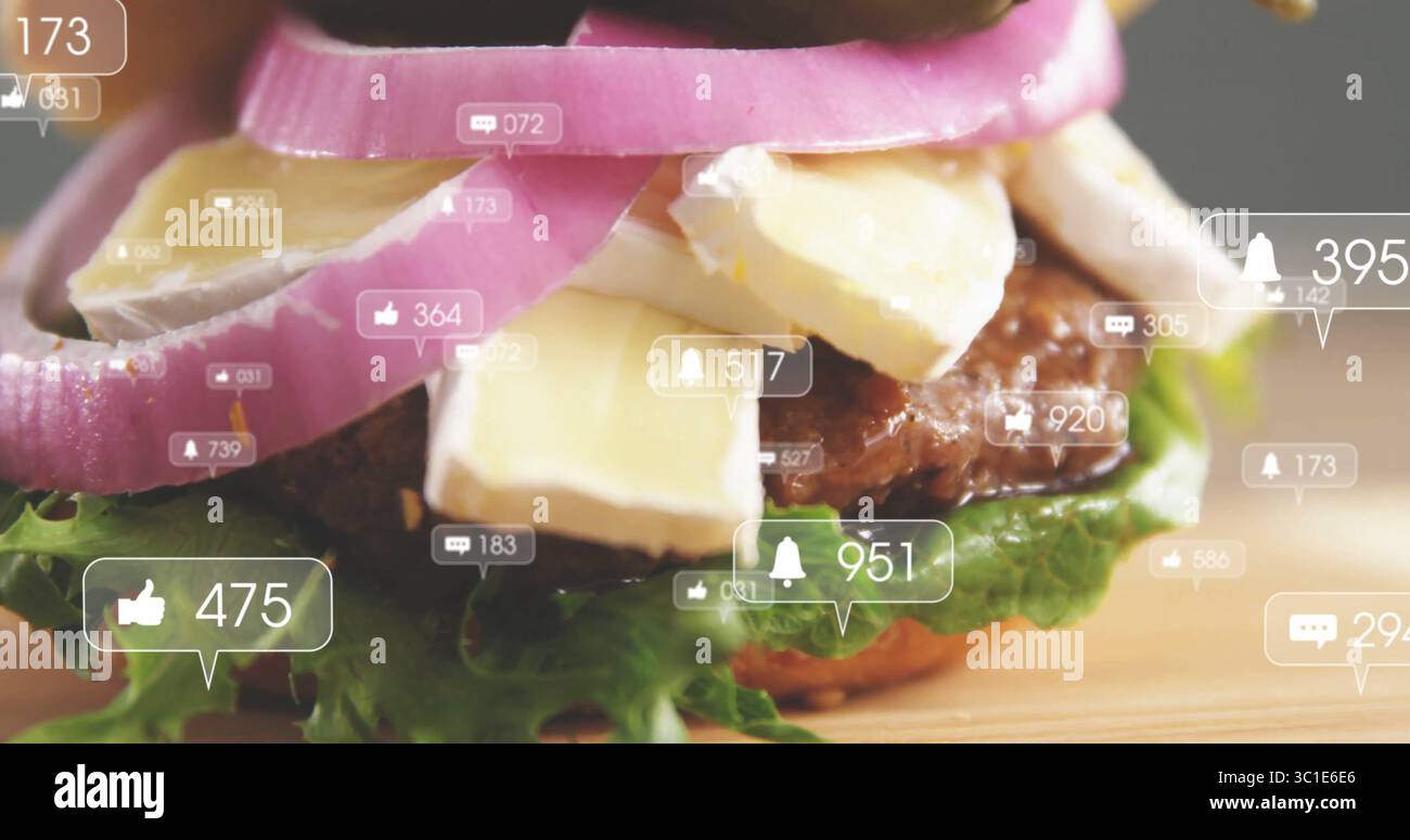 Showing beef burger layering lettuce cheese pickled onion rings on ...