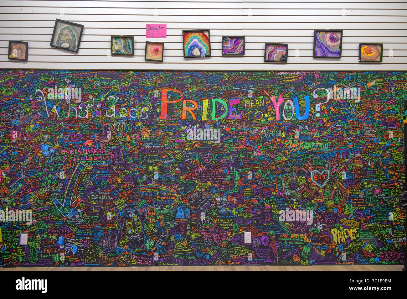 Colorful pride wall inside the CF Pride Shop in the Eaton Centre Stock ...