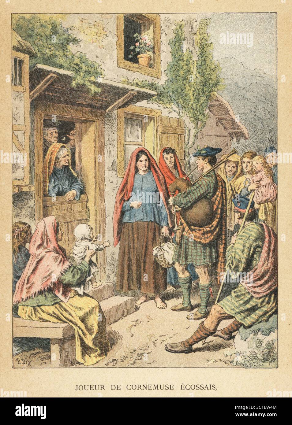 Bagpiper playing before a croft, Scotland, 19th century. Musician in ...