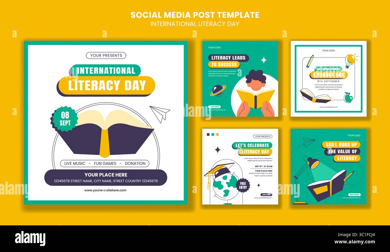 International Literacy Day Vector Illustration with Social Media Post ...
