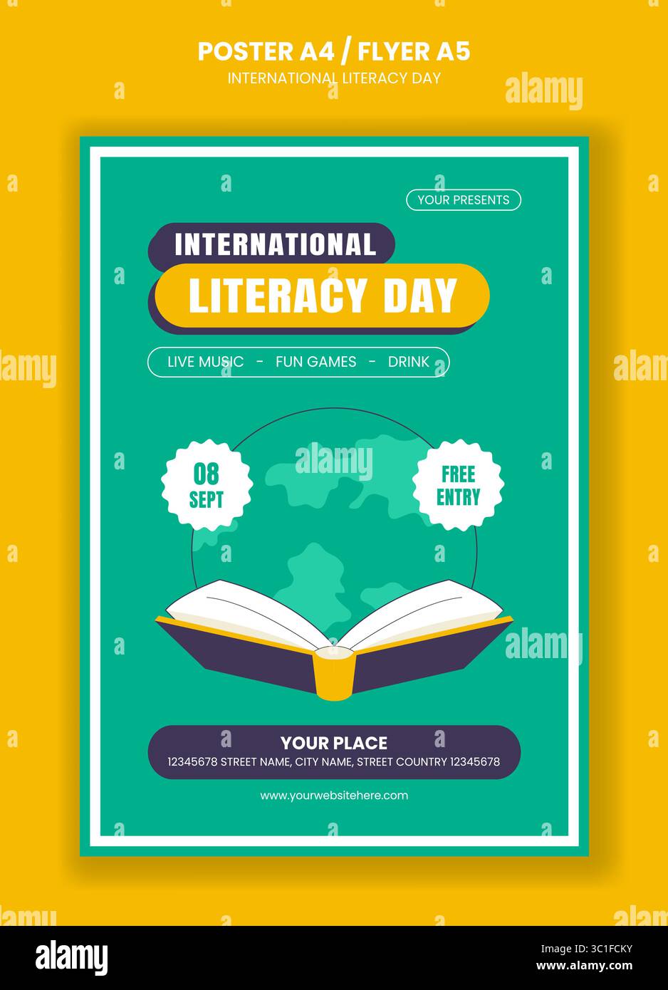 Literacy Day Educational Flyer Template with Flat Cartoon Drawing Style ...