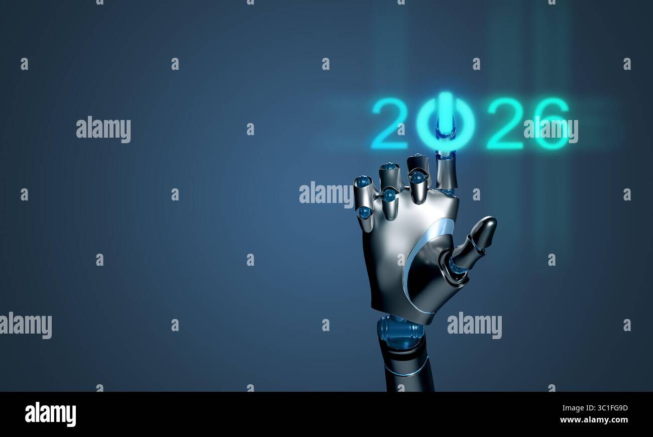 2026 happy new year click push button robotic hand finger touchscreen ...