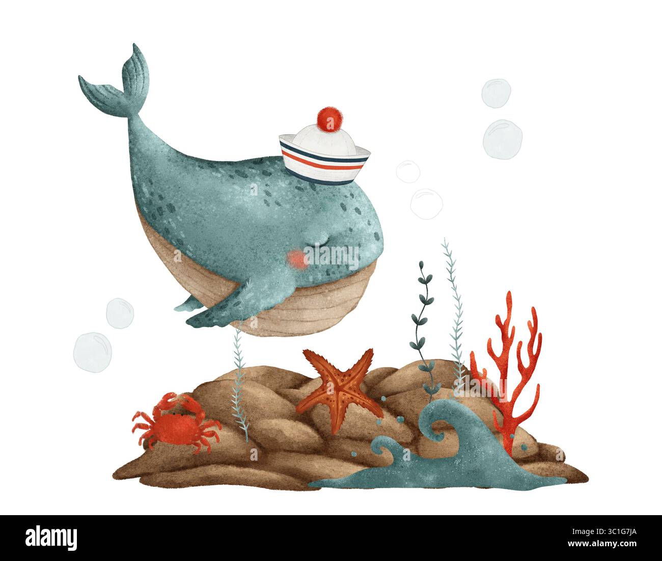 A whimsical whale in a sailor hat surrounded by coral and sea creatures ...