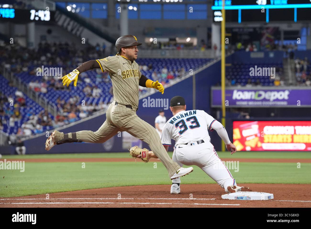 Miami Marlins first base Eric Wagaman makes the catch to get out San ...