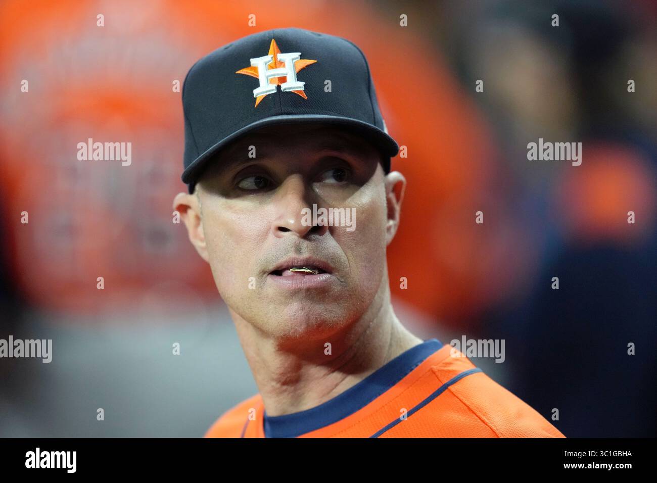 Houston Astros manager Joe Espada pauses in the dugout prior to a ...