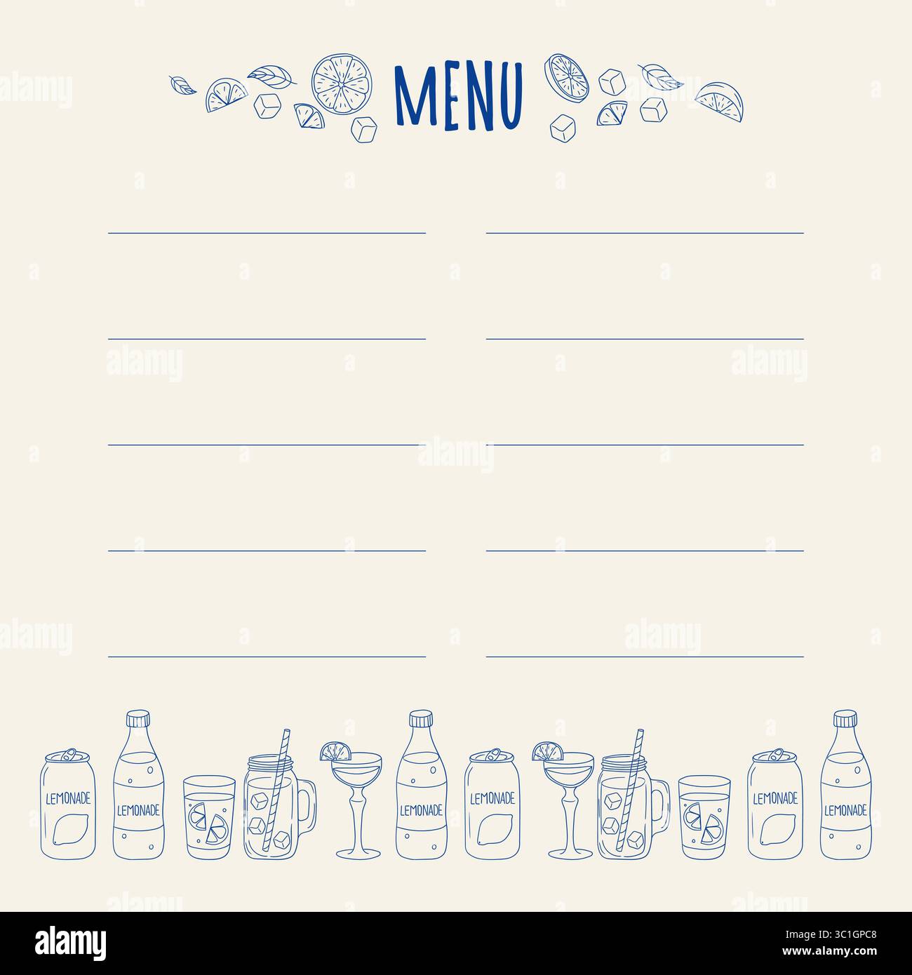 Menu layout with illustrations of drinks and sections for beverages and ...