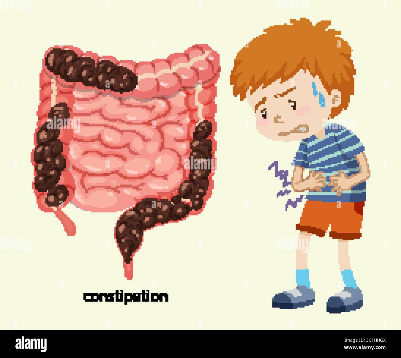 Vector illustration of a child with stomach pain beside a detailed ...