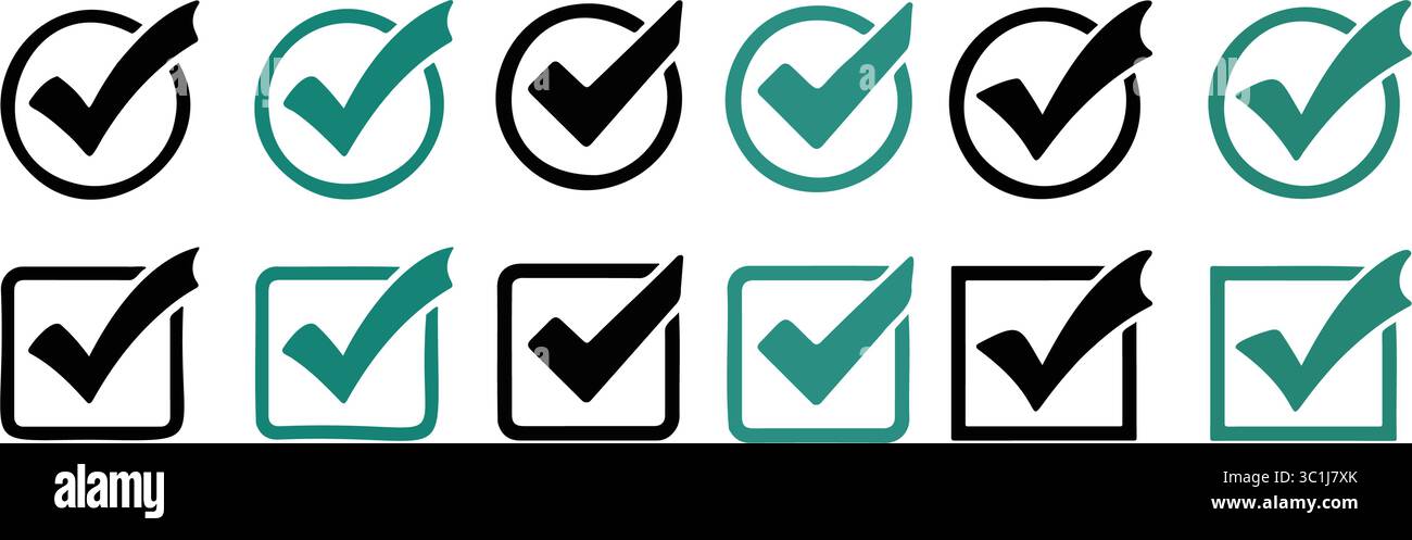 Stylized Check Mark & Tick Icon Vector Set Circle & Square Checkboxes ...
