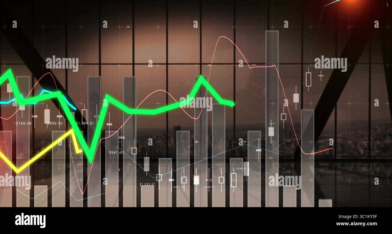 Showing financial chart overlaying skyline at dusk through windows ...