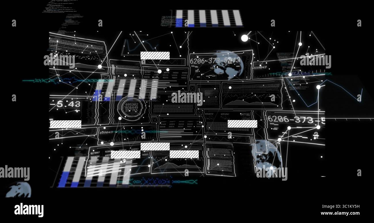 Displaying data interface floating on virtual dashboard, with panels and line charts, copy space ...