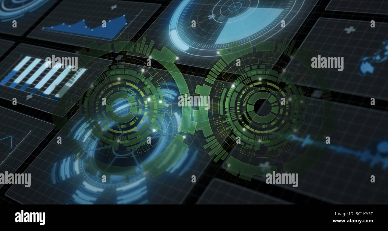 Displaying green HUD elements floating on dark grid, with bar charts ...
