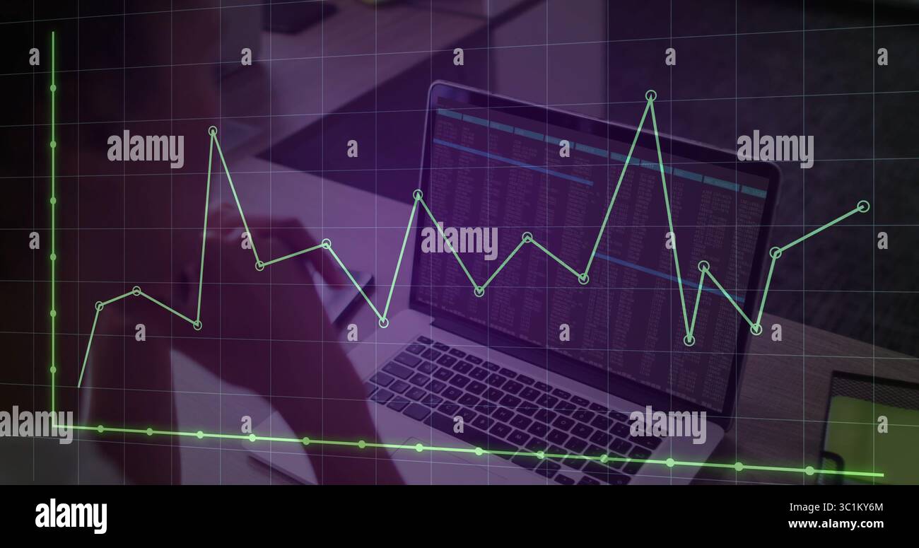 Asian woman thinking and analyzing data on laptop in office workspace, with green chart overlay ...