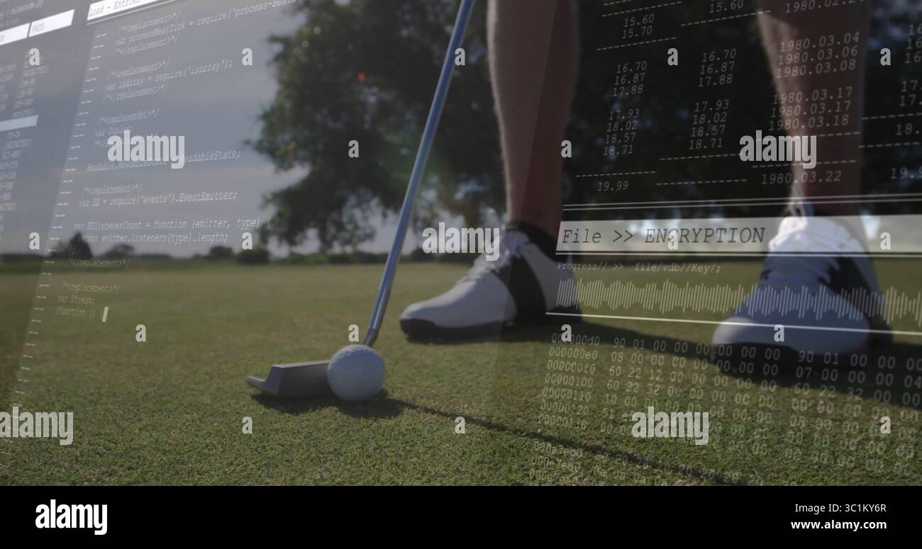 Standing golfer's legs preparing stroke on putting green, with putter ...