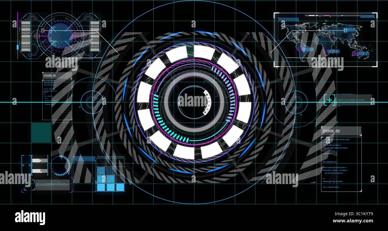 Displaying Central Circular Reticle Scanning Hud Environment With Grid World Map And Data