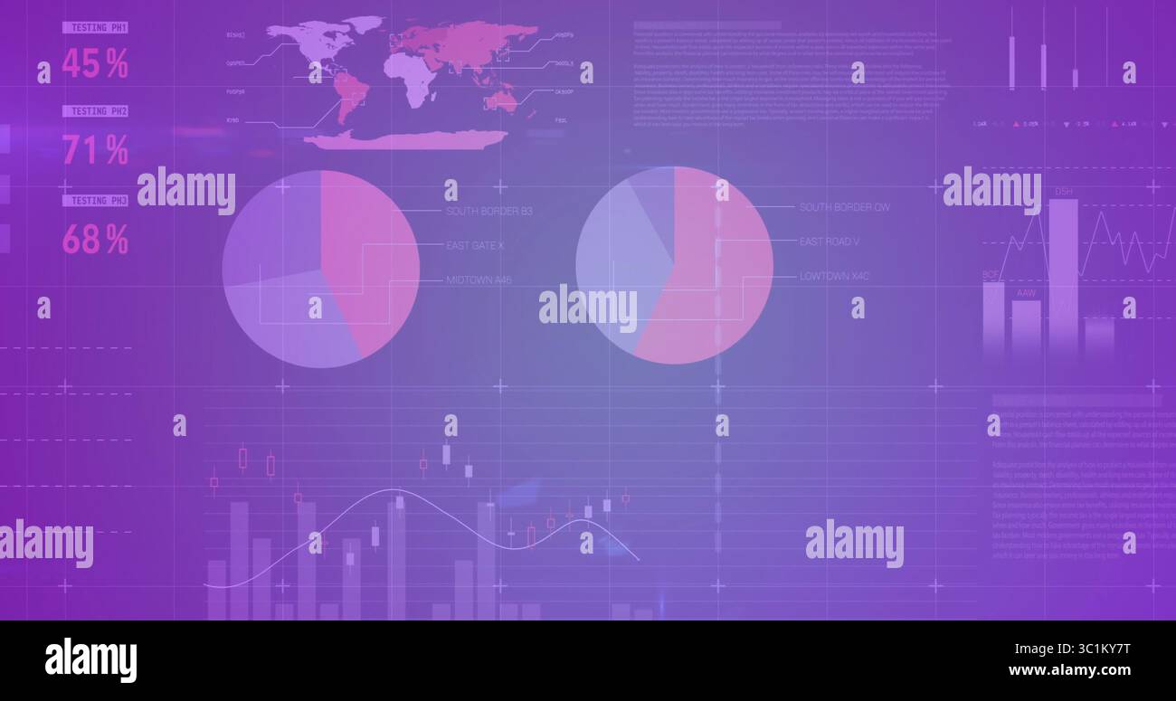 Data dashboard floating on grid, showing percentage metrics world map, pie, bar and line charts ...