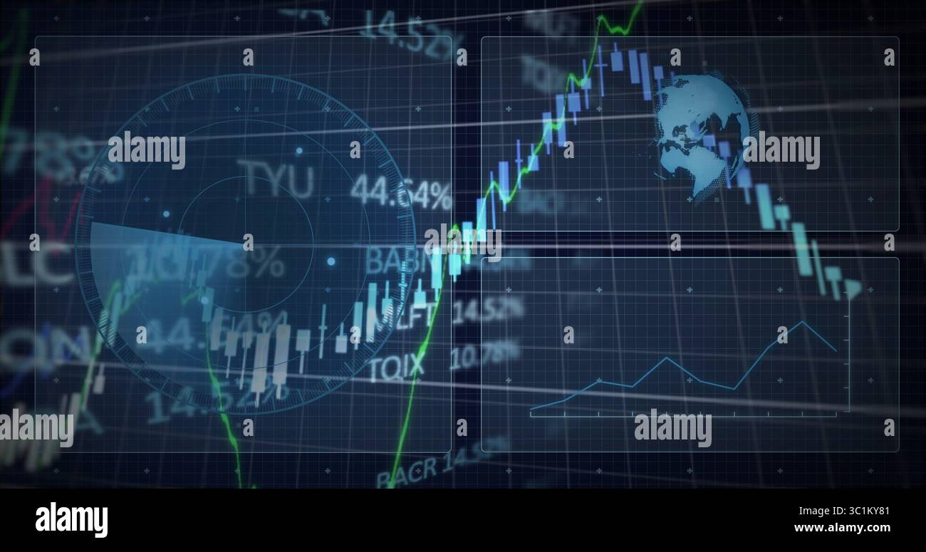 Displaying finance data on trading terminal candlestick bars, trend line, radar HUD, globe ...