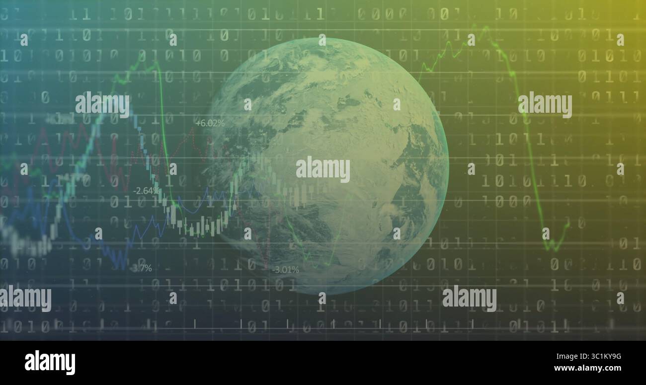 Showing Earth globe in data hub, with binary overlay and colorful line ...