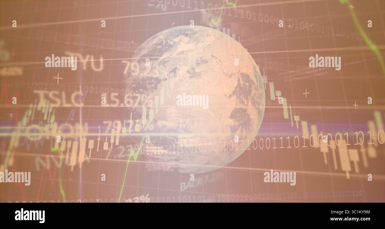 Displaying translucent Earth globe hovering over financial data screen, with candlestick charts ...