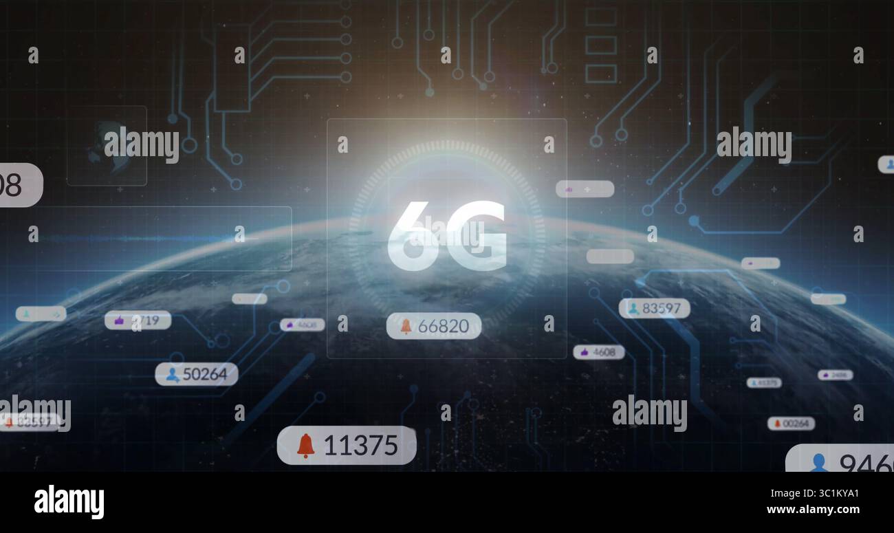 Displaying translucent 6G icon panel floating over Earth globe at night in space, with data ...