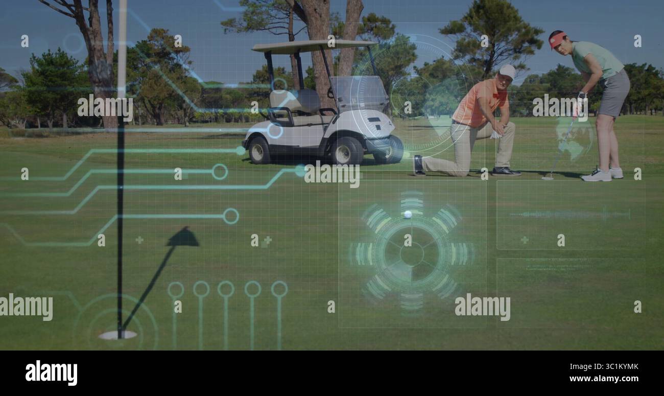 Putting golfers wearing polos making putts on green with golf cart and ...