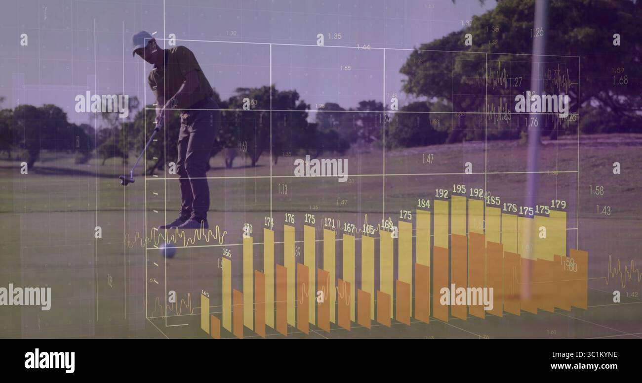 Golfer wearing polo shirt aligning putter with ball on putting green ...