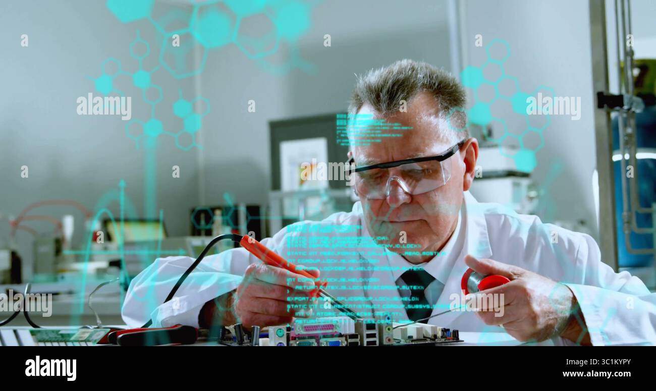 Senior scientist in lab coat testing circuit board at lab, with red ...