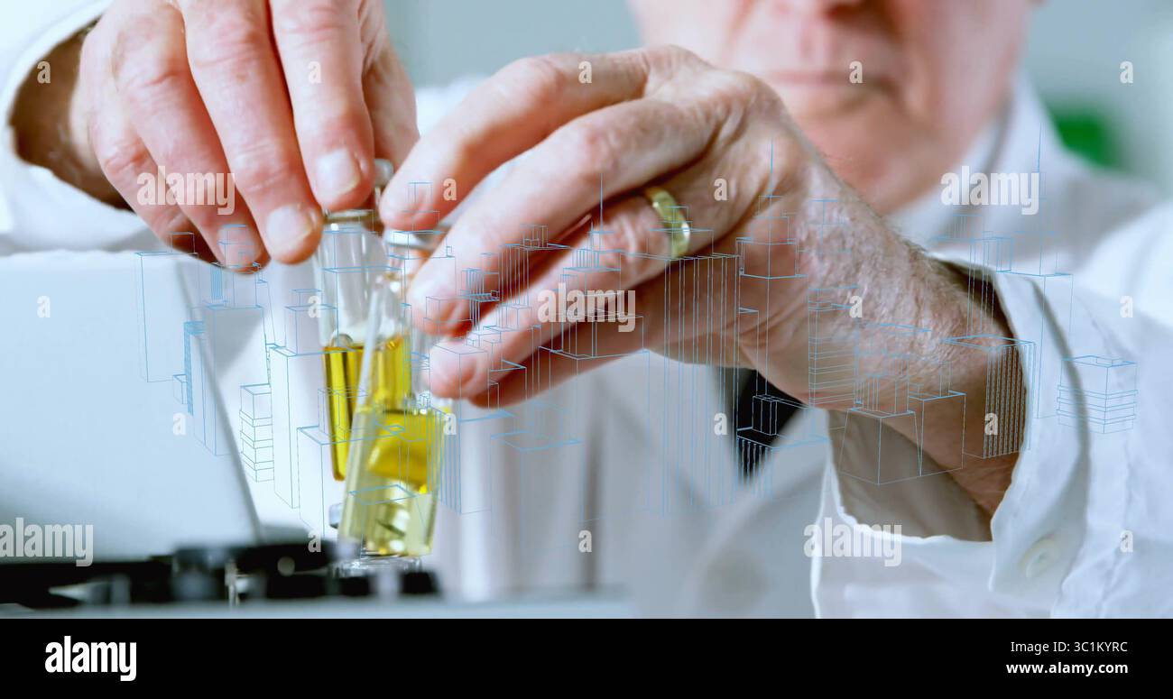 Aligning yellow vials, senior scientist in lab coat at lab bench, with ...