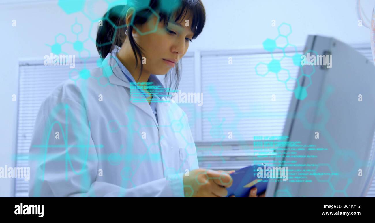 Woman in lab coat analyzing data on monitor at research lab, with clipboard and molecular ...