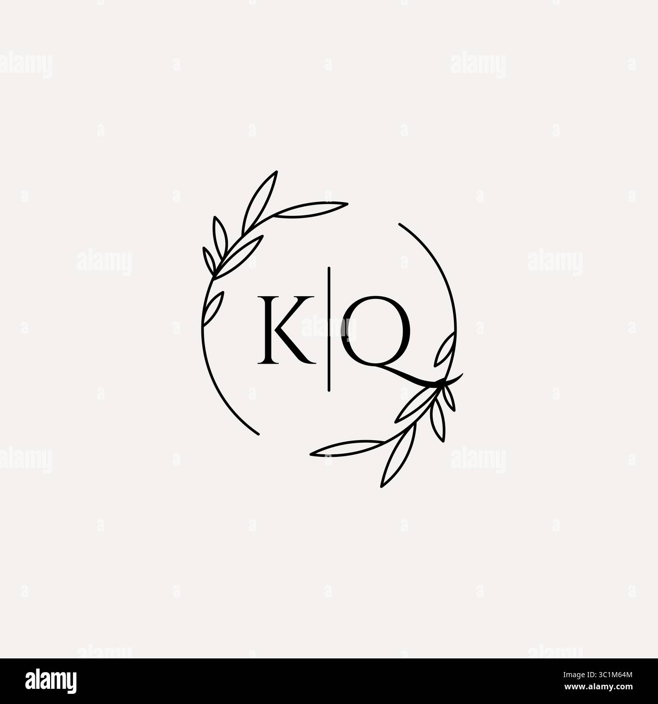 Letter KQ wedding monogram logo design with simple natural circle leaf ...