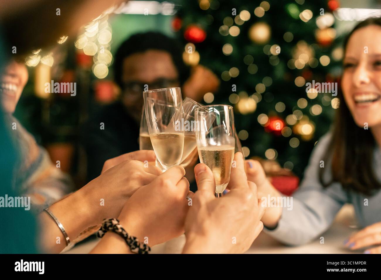 A diverse group of friends celebrating Christmas by making a toast with ...