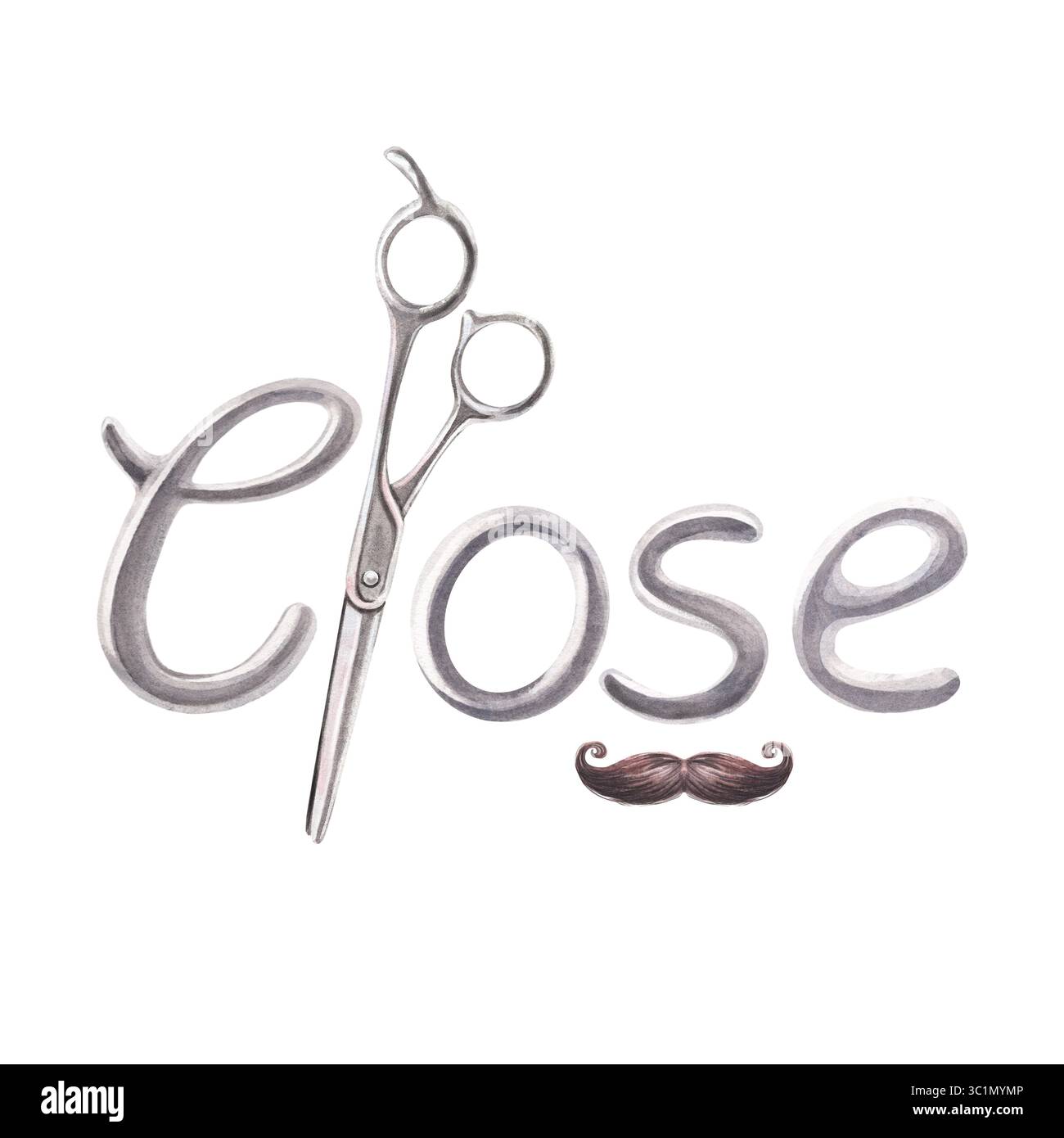 Inscription close crafted from metallic letters, scissors and mustache ...