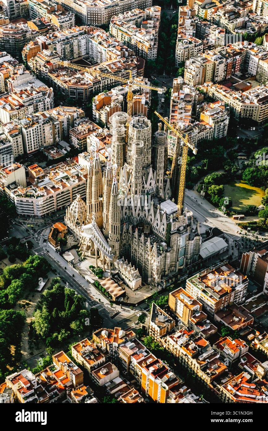 Sagrada Familia Basilica aerial view. Barcelona Eixample residential ...