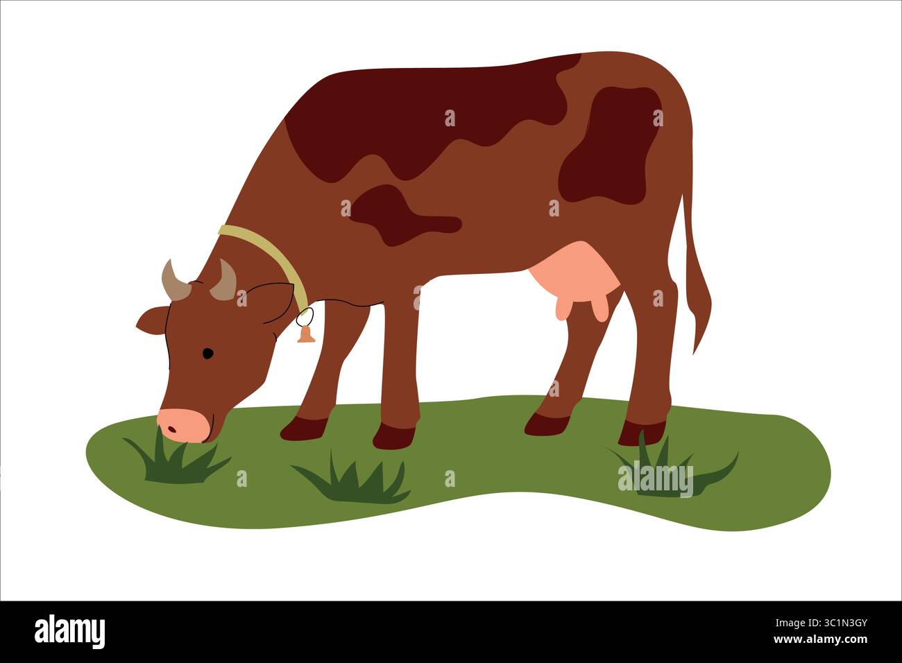 Flat illustration of a brown dairy cow grazing on green grass. Simple ...