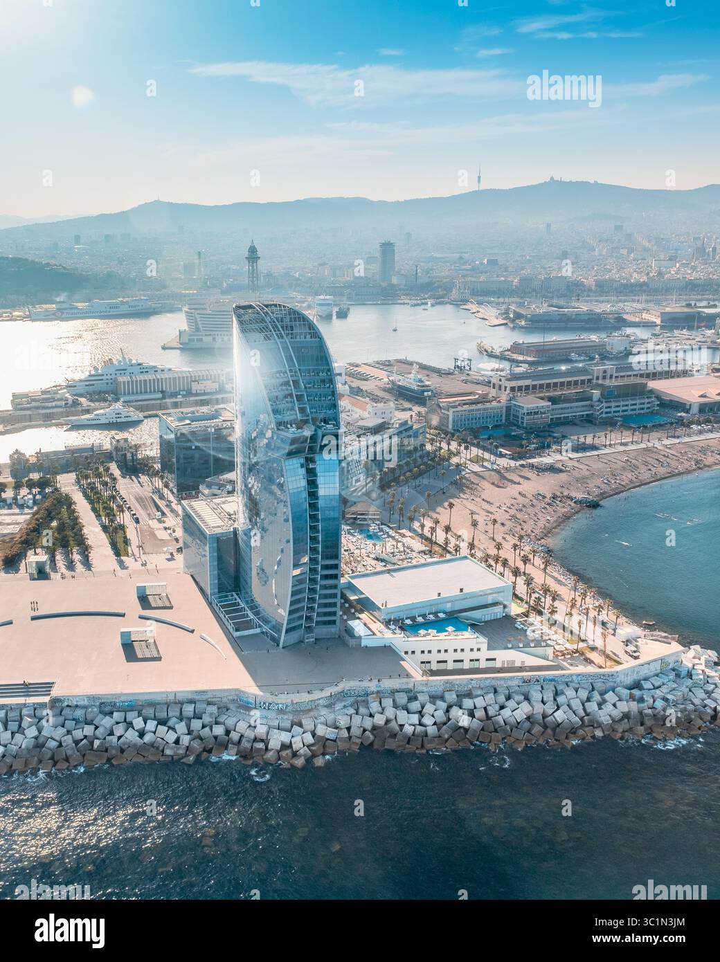 Aerial View of W Hotel and Sant Sebastia Beach in Barcelona. Modern ...