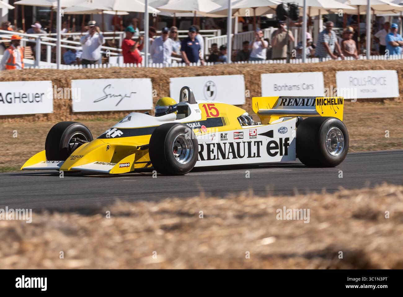 Renault RS10 1970s classic Formula 1 racing car driving up the ...