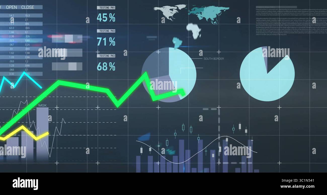 Displaying neon green line graph crossing dashboard on screen, with ...