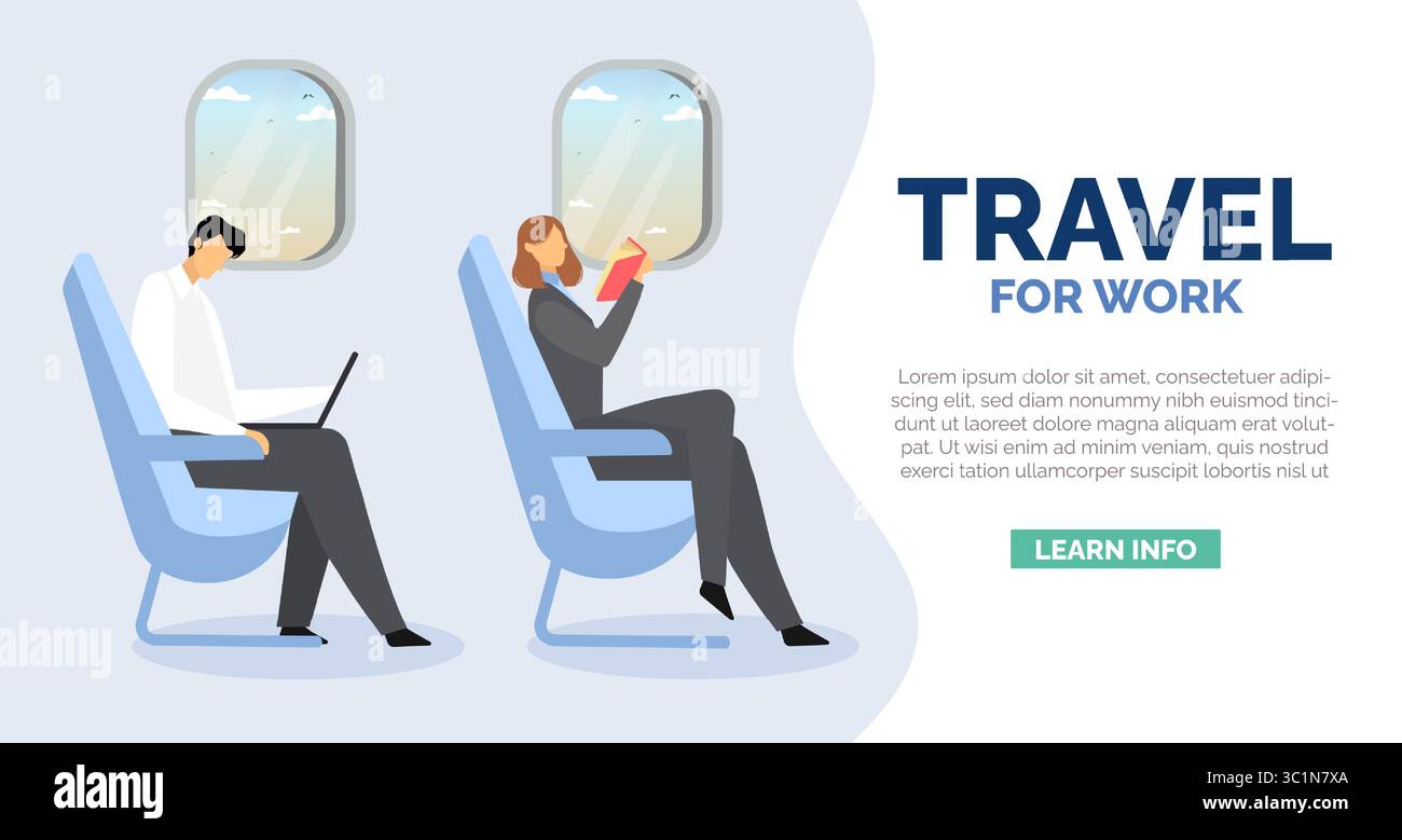 Travel for work featuring professionals on a flight. 3D render ...