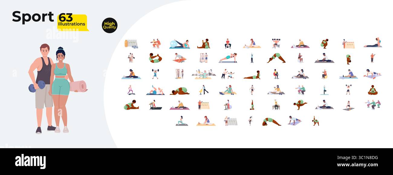 Fitness and home workout cartoon flat illustrations mega bundle Stock ...