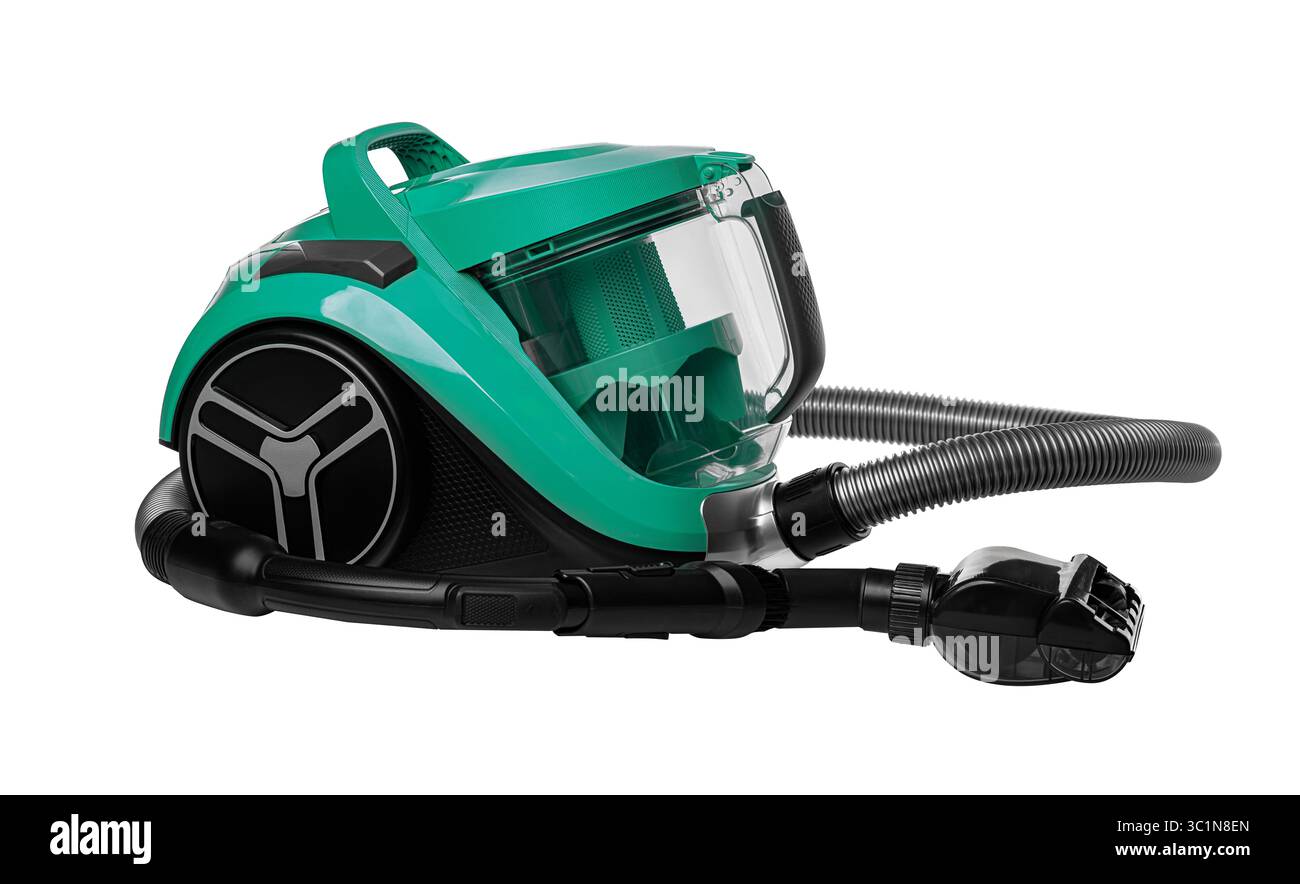 A modern green vacuum cleaner with a transparent dust container and ...