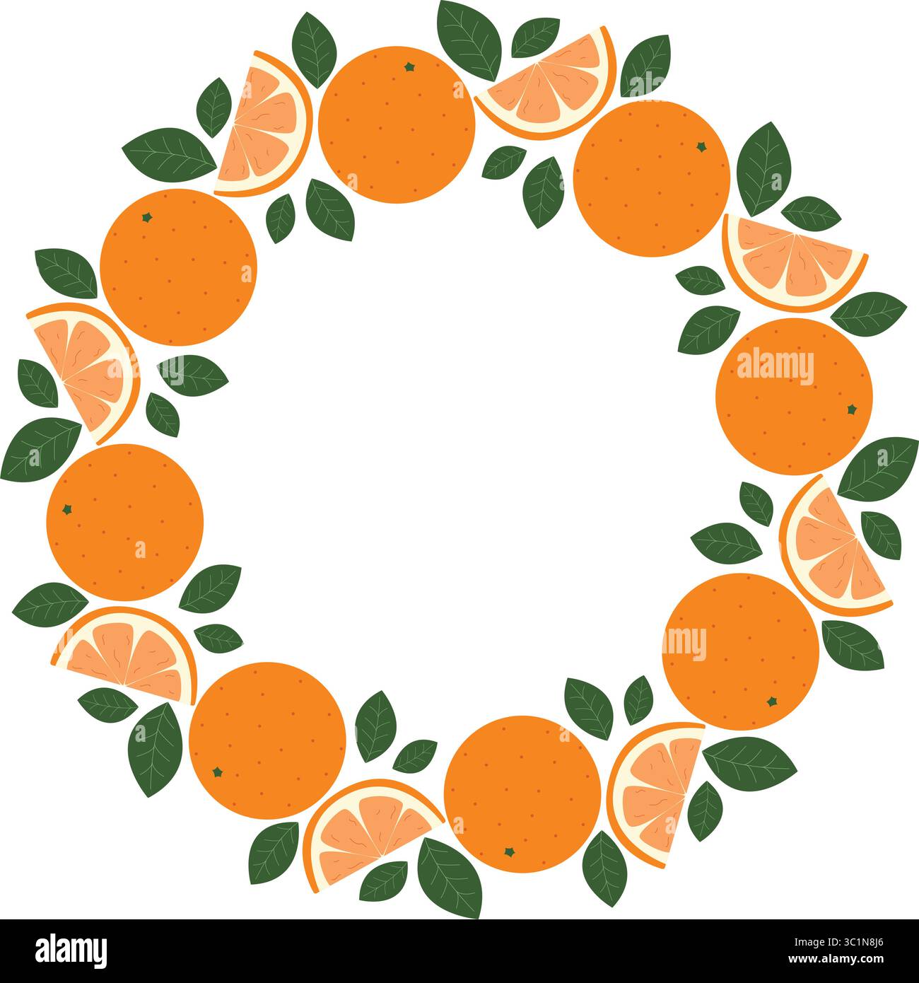 Tropical frame of ripe oranges and foliage. Exotic round fruit rim with ...